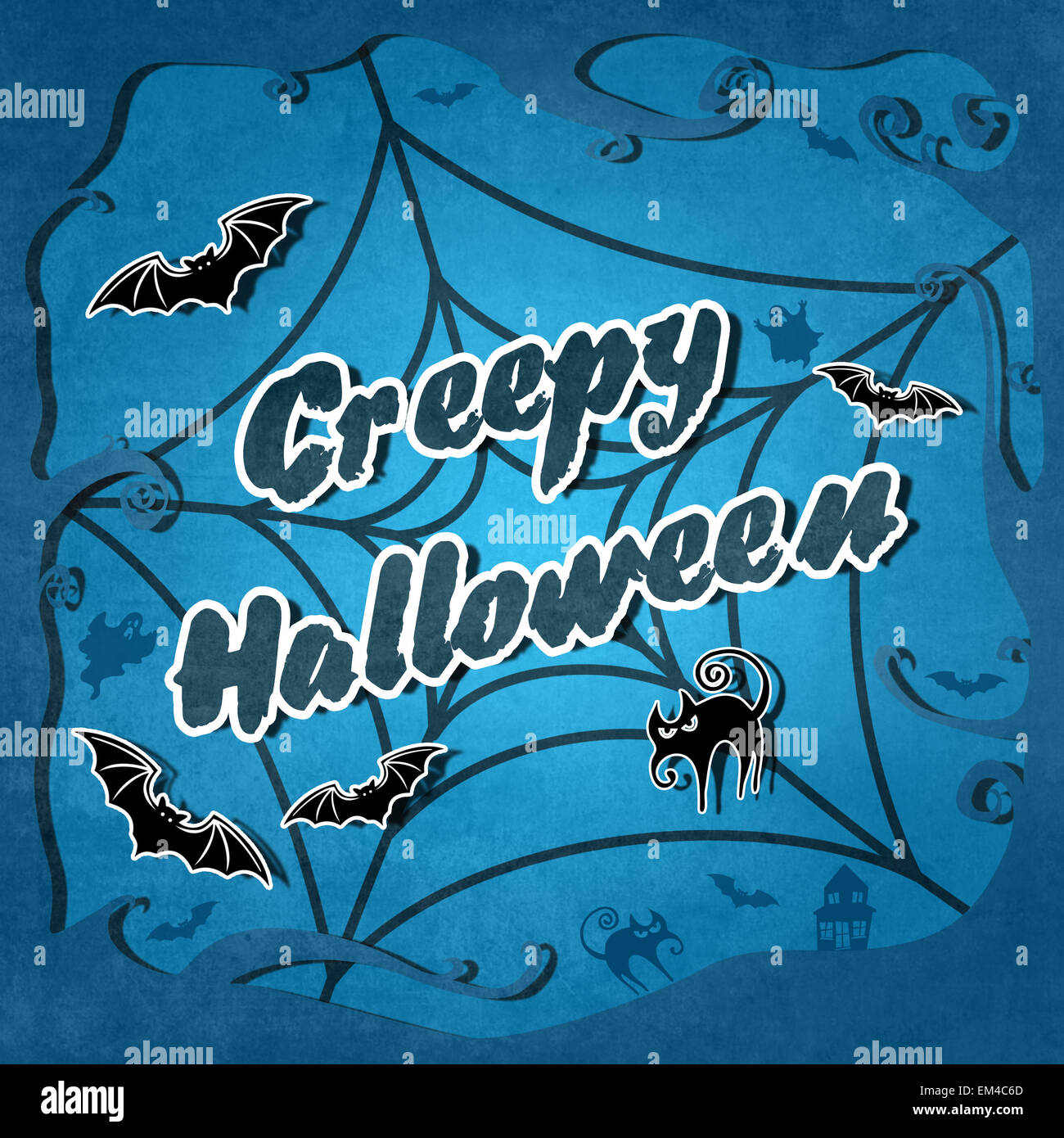 Halloween illustration with bats, web and cat Stock Photo - Alamy