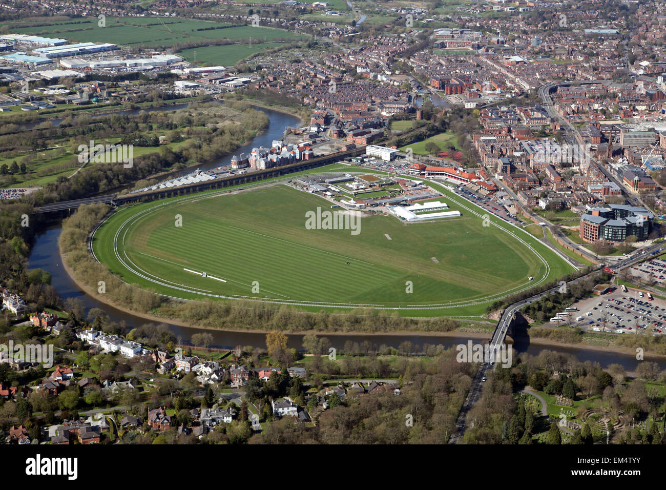 aerial view of Chester Racecourse, known as the Roodee in Cheshire ...