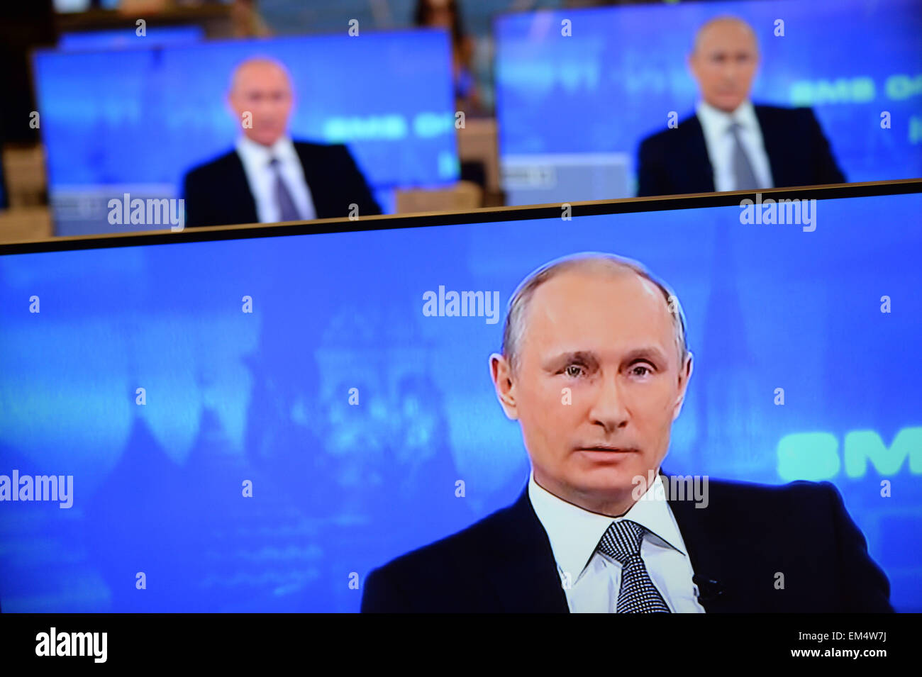 Moscow, Russia. 16th Apr, 2015. TV screens are seen during the live ...