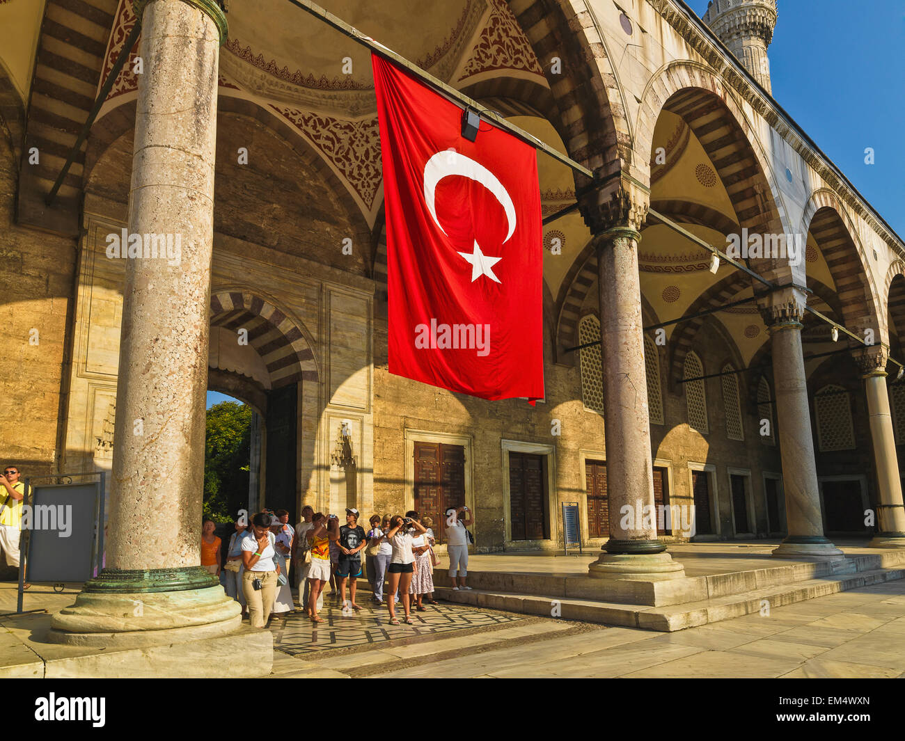 Turkey, Istanbul, Turkish flag at entrance to Blue Mosque Stock Photo ...