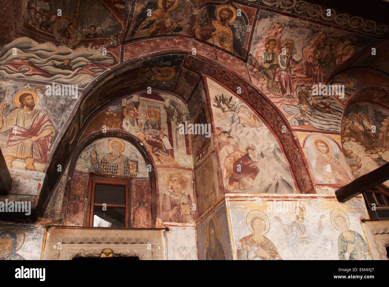 Religious fresco on walls and ceiling of Monastery of Saint John ...