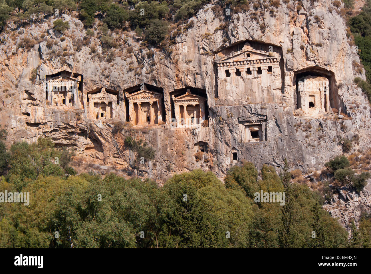 Lycian style Kings Tombs on cliff walls above Dalyan River; Dalyan ...