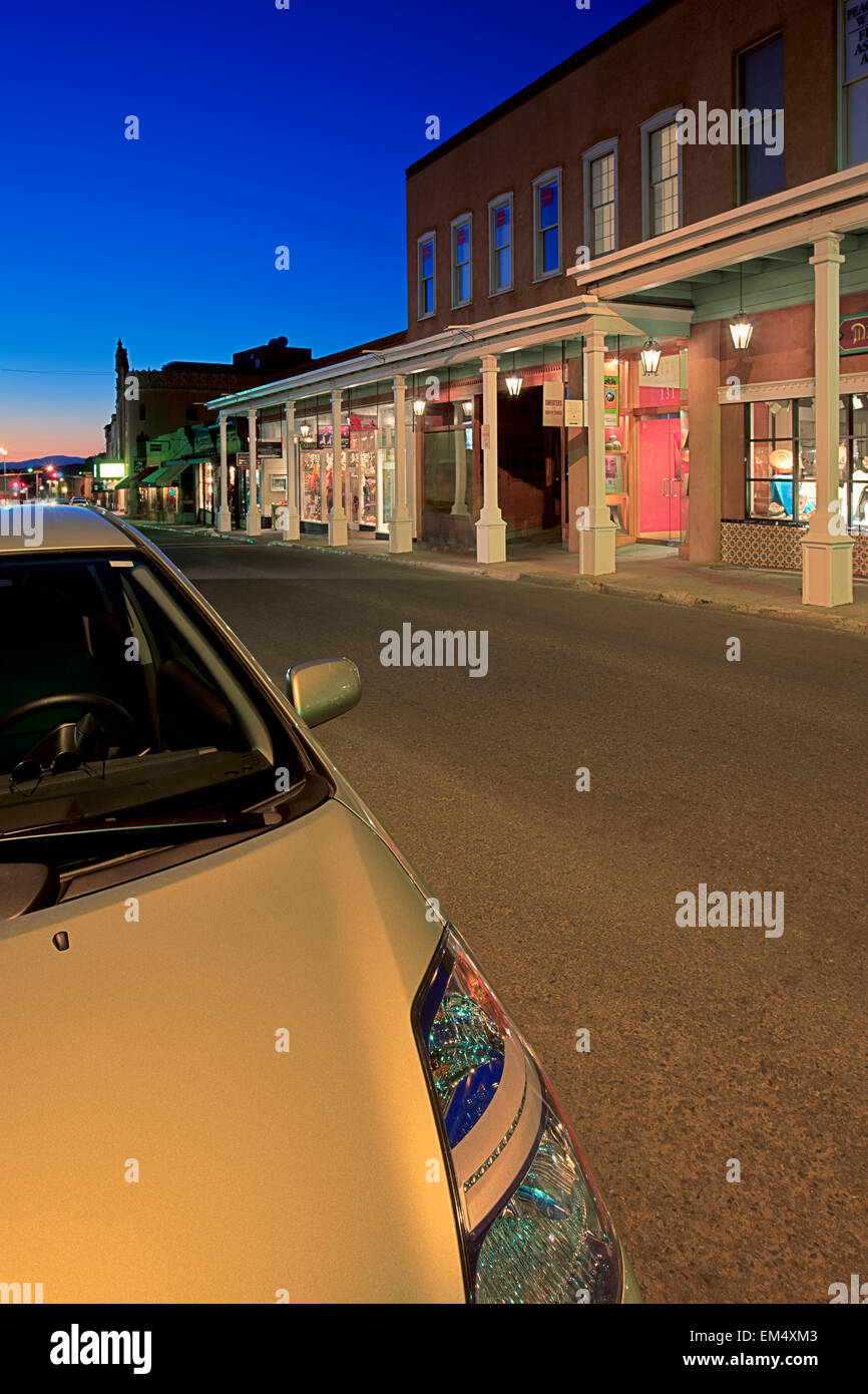 USA, New Mexico, Santa Fe, View along West San Francisco Street at dusk ...