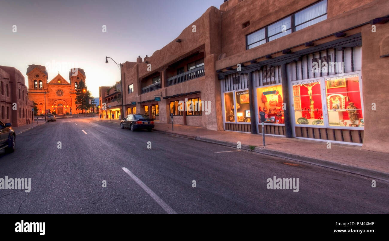 USA, New Mexico, Santa Fe, East San Francisco Street looking toward St ...