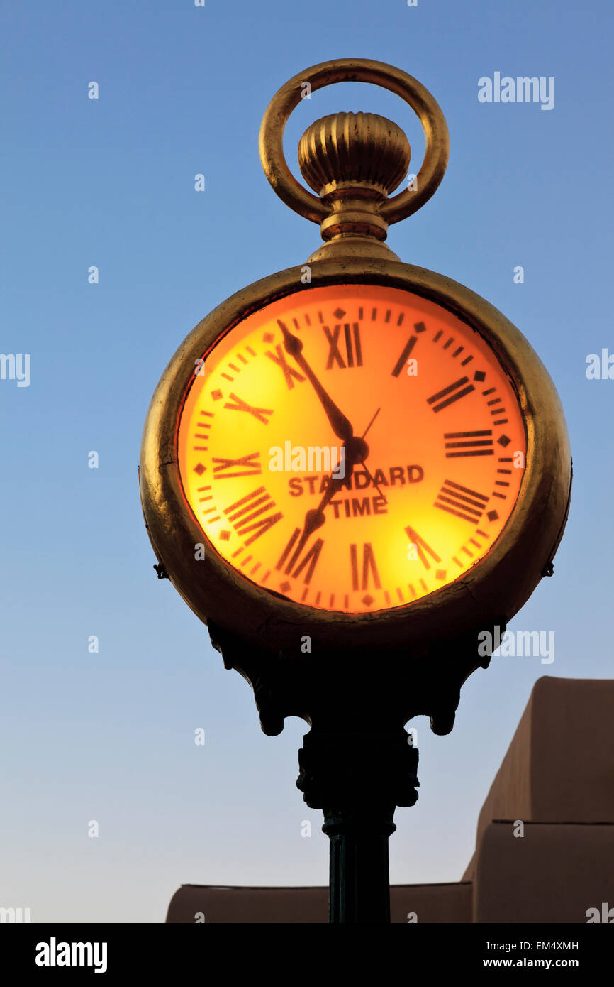 USA, New Mexico, Santa Fe, Close-up of Spitz Clock in downtown Stock ...