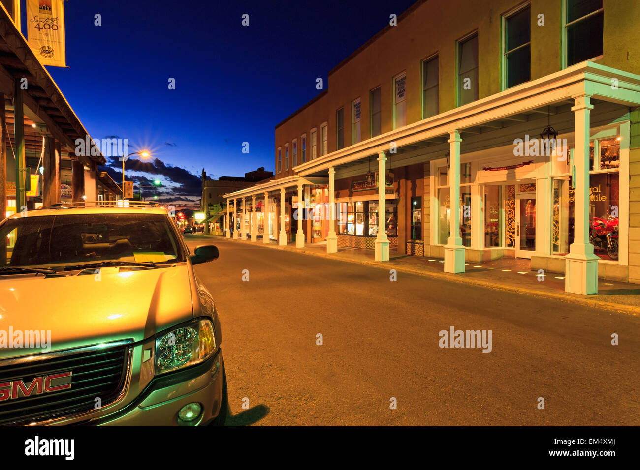 View west along West San Francisco Street at dusk in downtown; Santa Fe ...