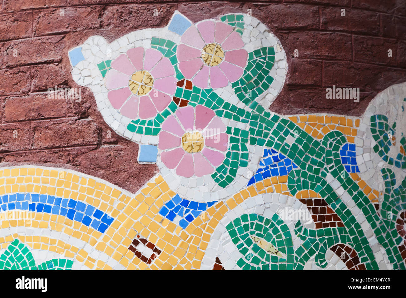 Spain, Catalonia, Barcelona, Mosaic of colorful ceramic tile on ...