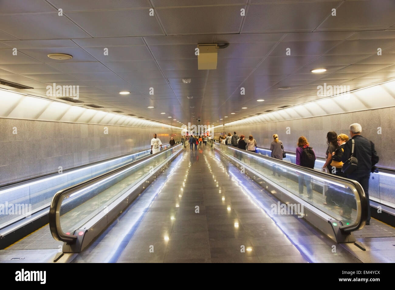 Mechanical walkways at Diagonal Metro station; Barcelona, Catalonia ...