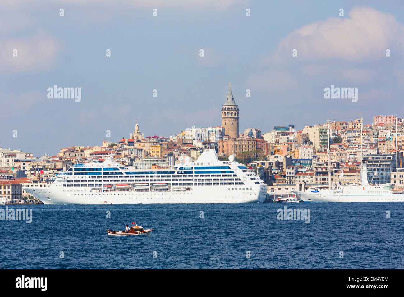 Turkey, Istanbul Province, Istanbul, Galata Tower and luxury liners ...