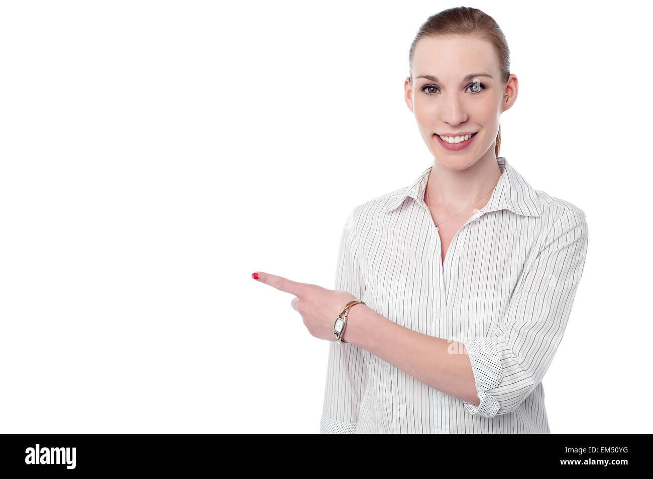 Corporate lady pointing at something Stock Photo - Alamy