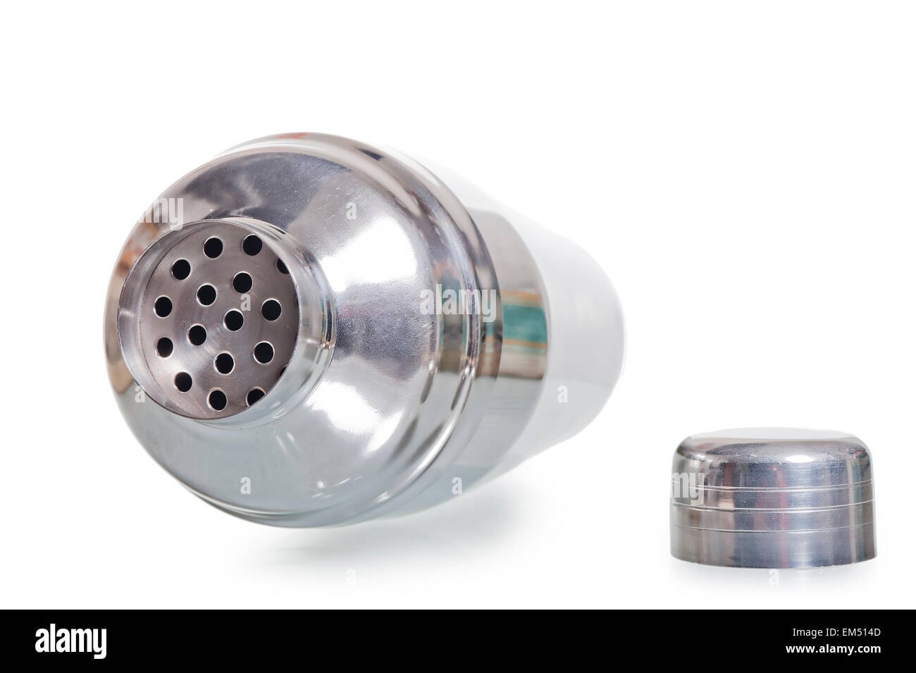 empty silver shaker with the lid open lies on a white background Stock ...