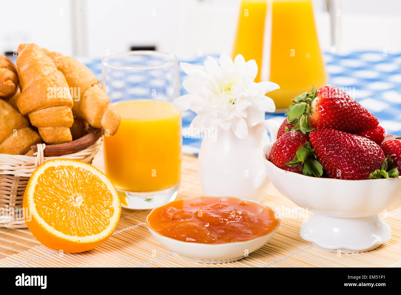 early breakfast, juice, croissants and jam Stock Photo - Alamy