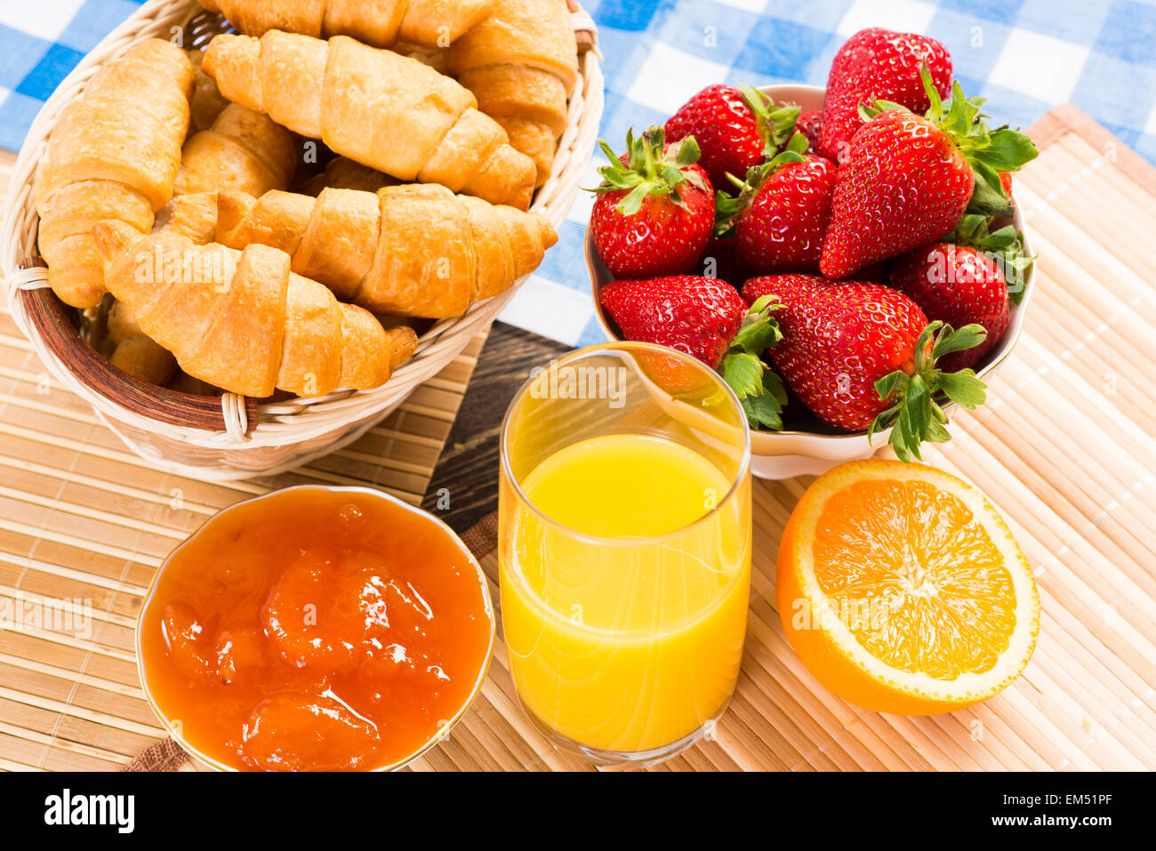 early breakfast, juice, croissants and jam Stock Photo - Alamy