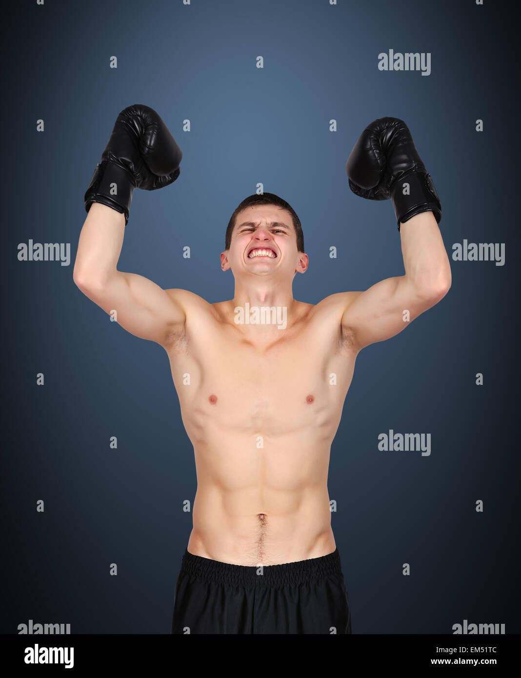 happy boxer winner on a blue background Stock Photo - Alamy