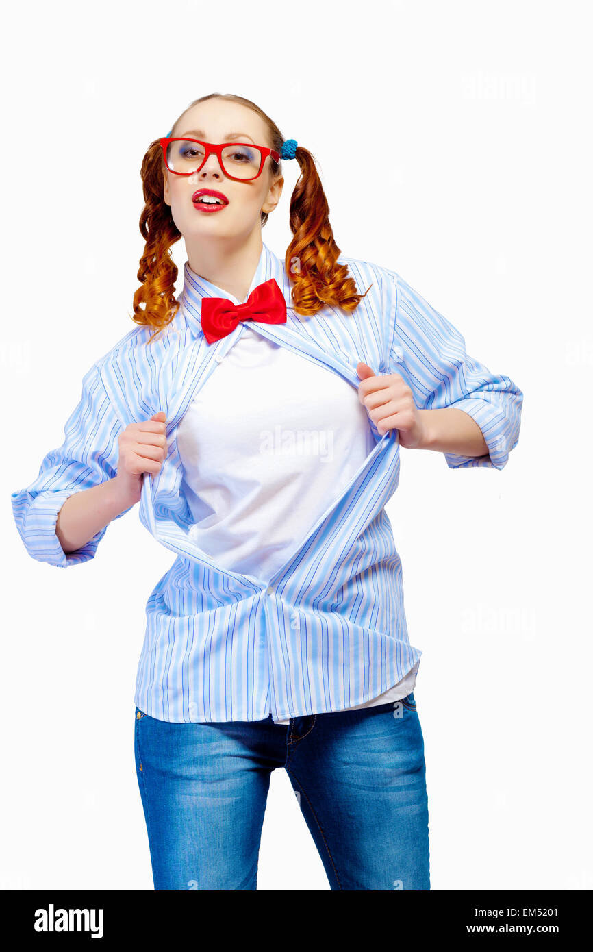 Teenager girl in red glasses Stock Photo - Alamy