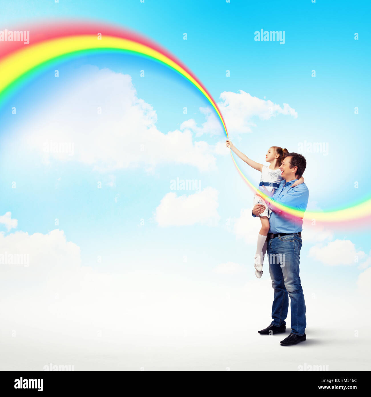 Father holding his daughter and rainbow Stock Photo - Alamy