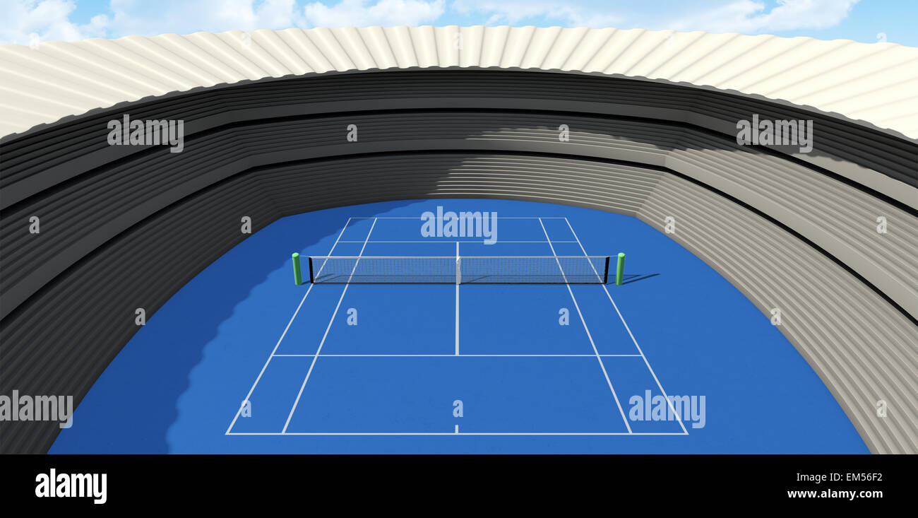 A blue hard tennis court in a stadium in the daytime Stock Photo - Alamy