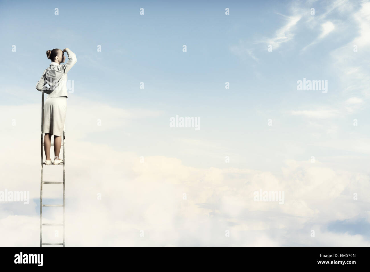 Businesswoman standing on ladder Stock Photo - Alamy