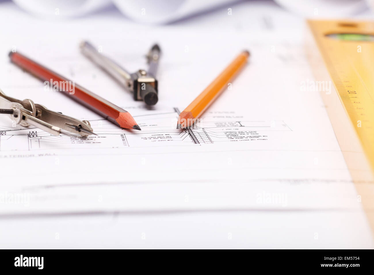 Tools and papers with sketches Stock Photo - Alamy