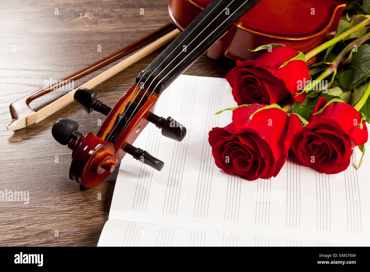 Red roses and a violin Stock Photo - Alamy