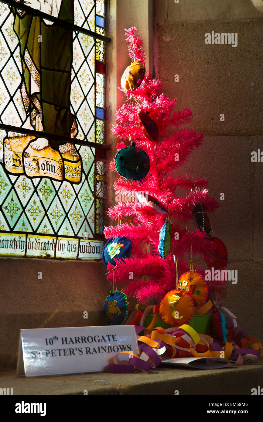 UK, England, Yorkshire, Harrogate, St Peter’s Church, pink Christmas ...