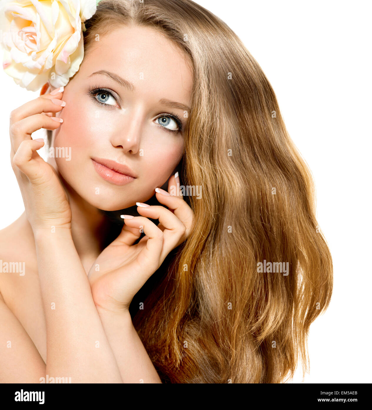 Beauty Girl. Beautiful Model with Rose Flower Stock Photo - Alamy
