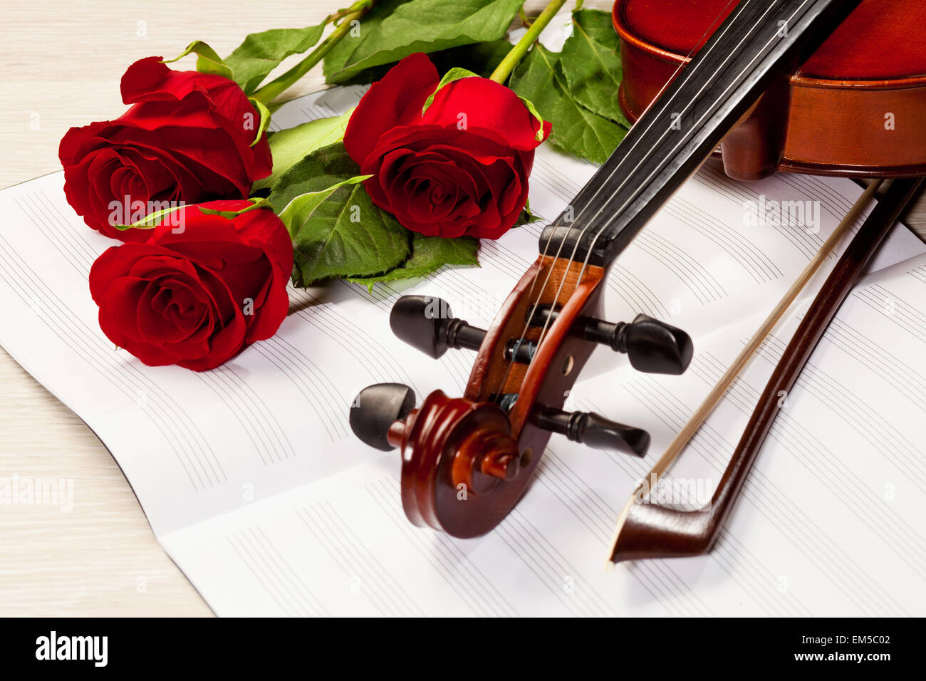 Red roses and a violin Stock Photo - Alamy