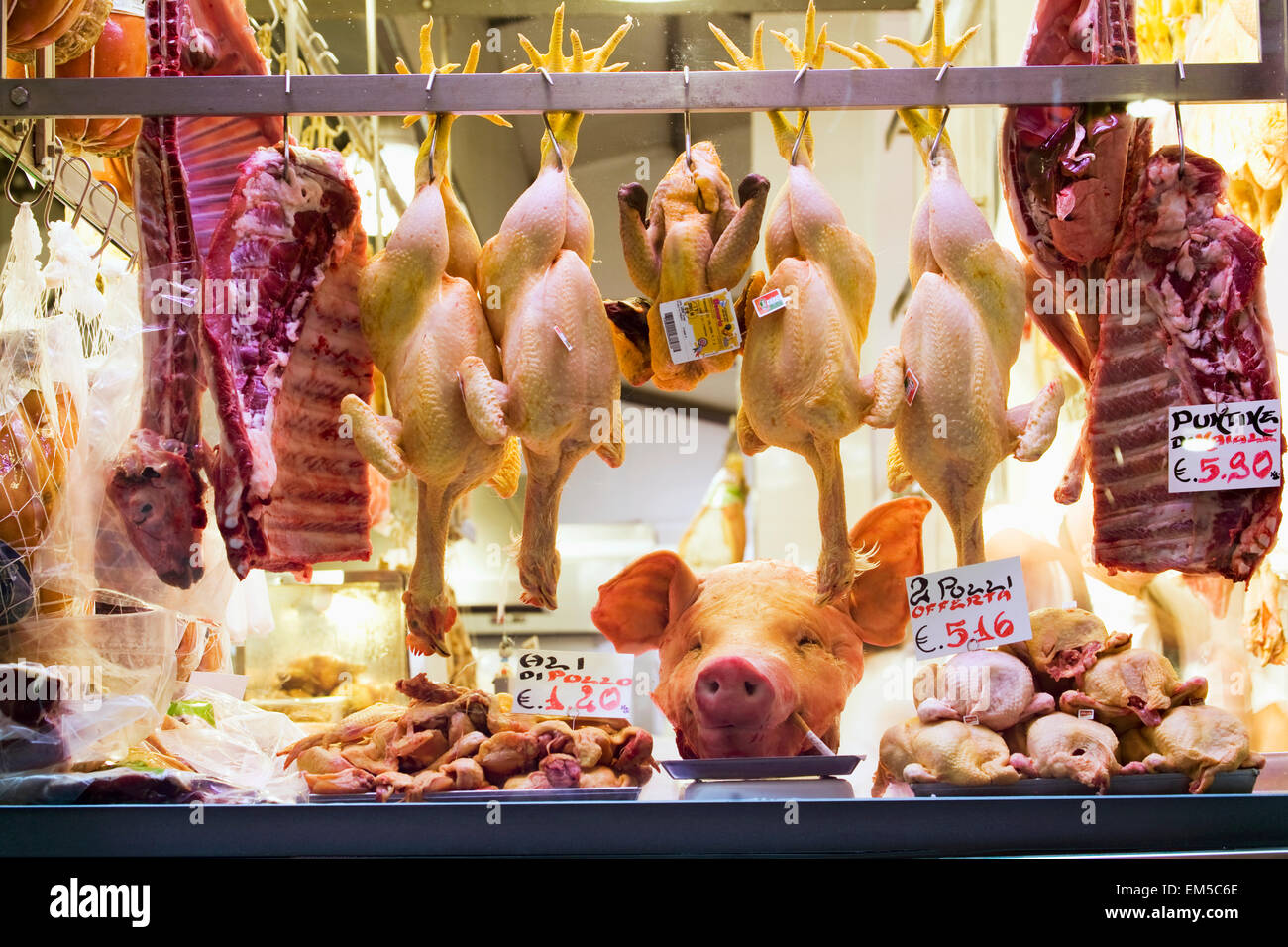 Window display of butcher shop; Bologna, Emilia-Romagna, Italy Stock ...