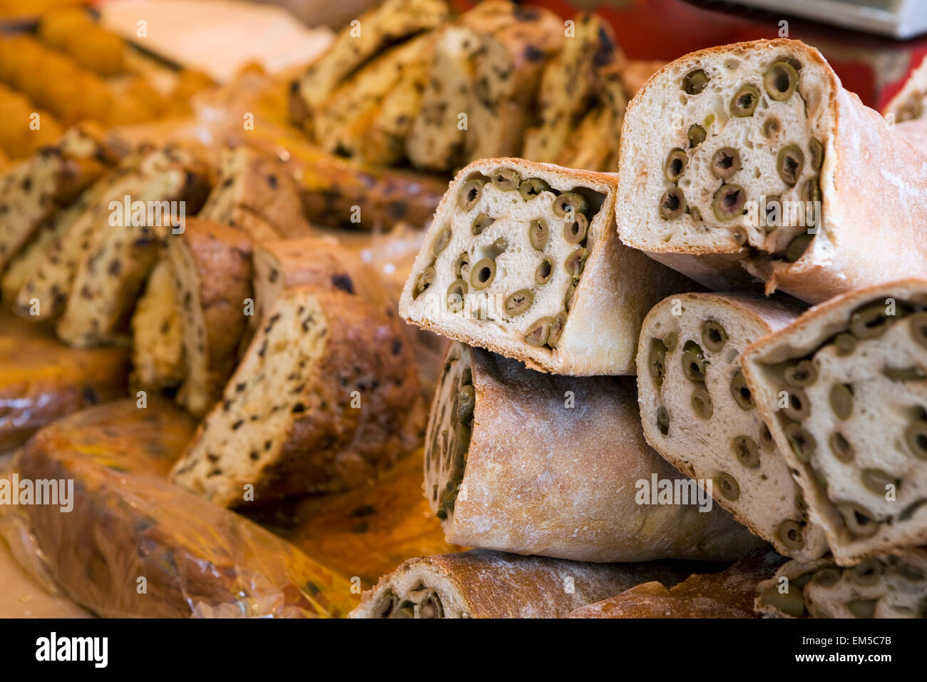 Close up of olive bread in bakery; Ferrara, Emilia-Romagna, Italy Stock ...