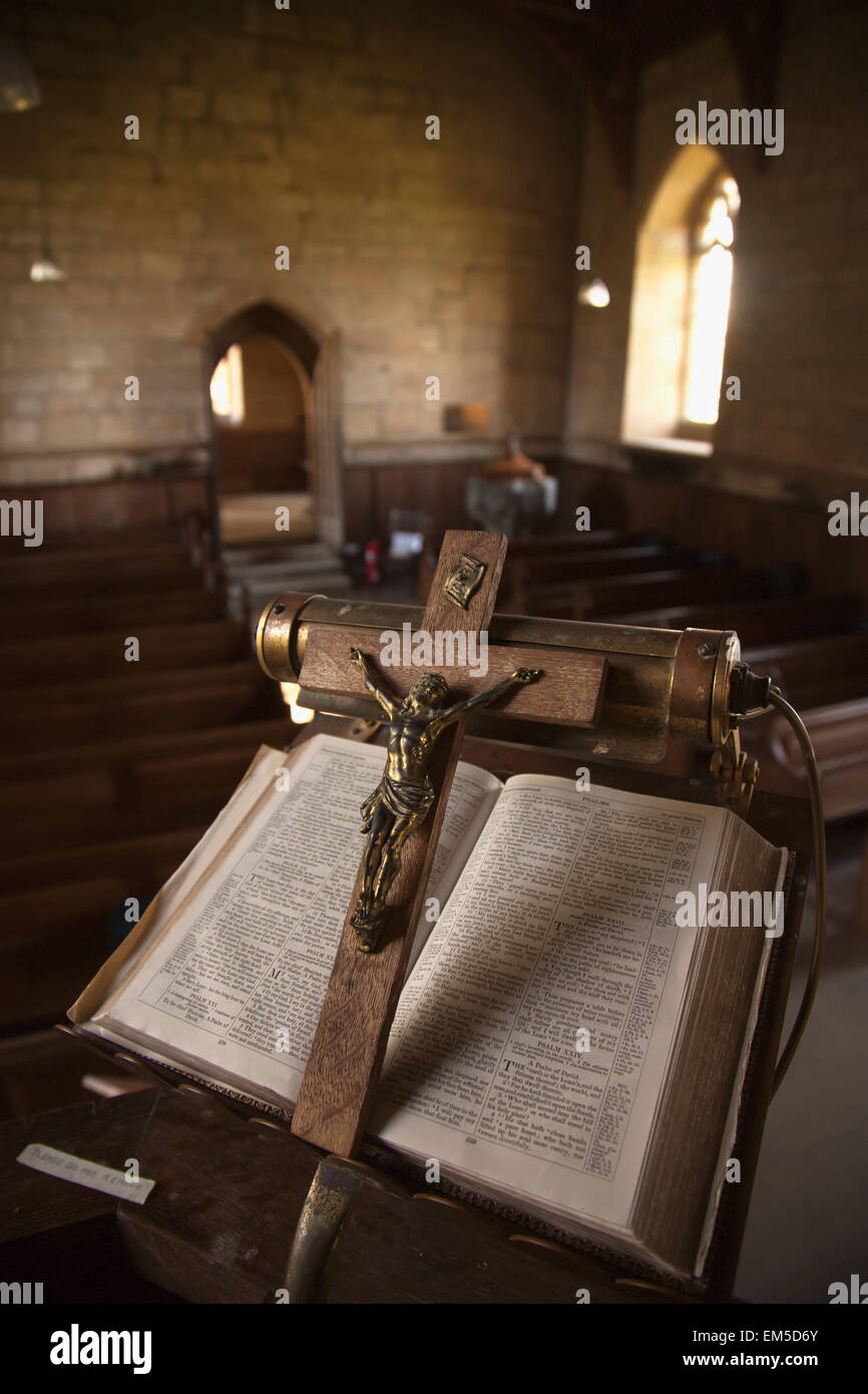 UK, Scotland, Scottish Borders, Yetholm, Open bible on stand with a ...