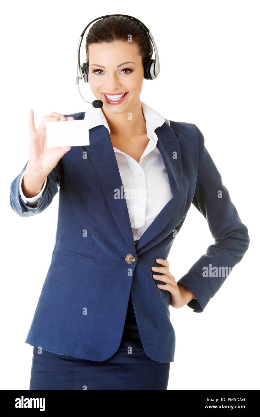 Customer service representative with headset holding a blank emp Stock ...