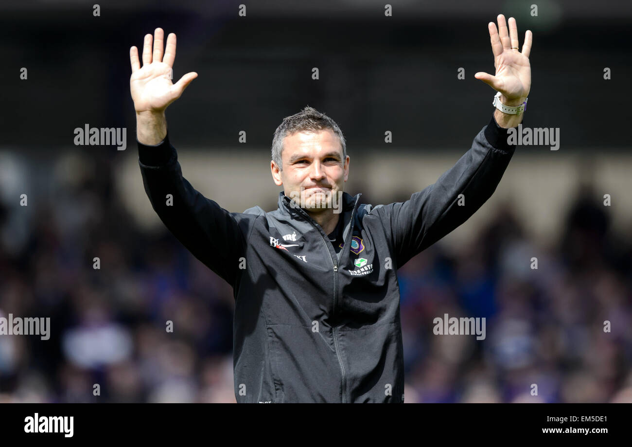 Aue, Germany. 12th Apr, 2015. Aue's coach Tomislav Stipic pictured at ...