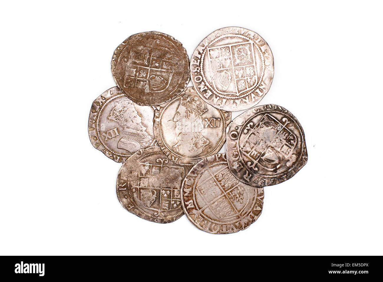 A lot of old coins with portraits of kings on a white background Stock ...
