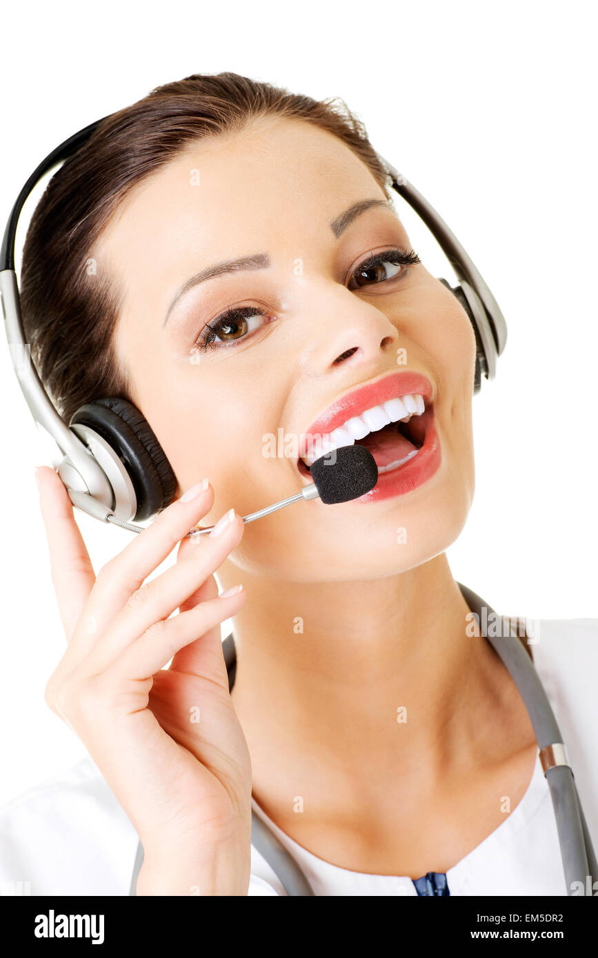 Happy woman doctor wearing headset Stock Photo - Alamy