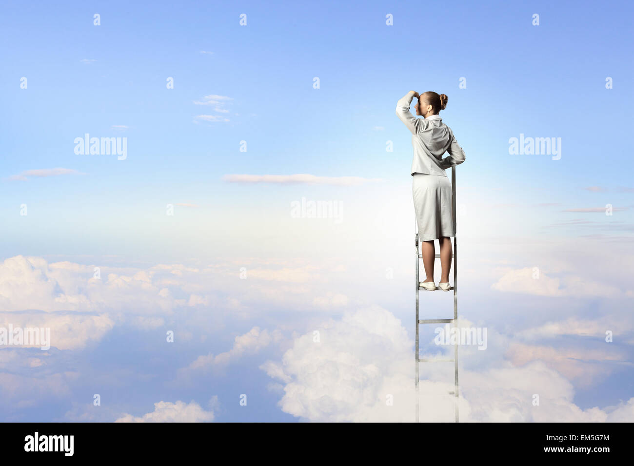 Businesswoman standing on ladder Stock Photo - Alamy