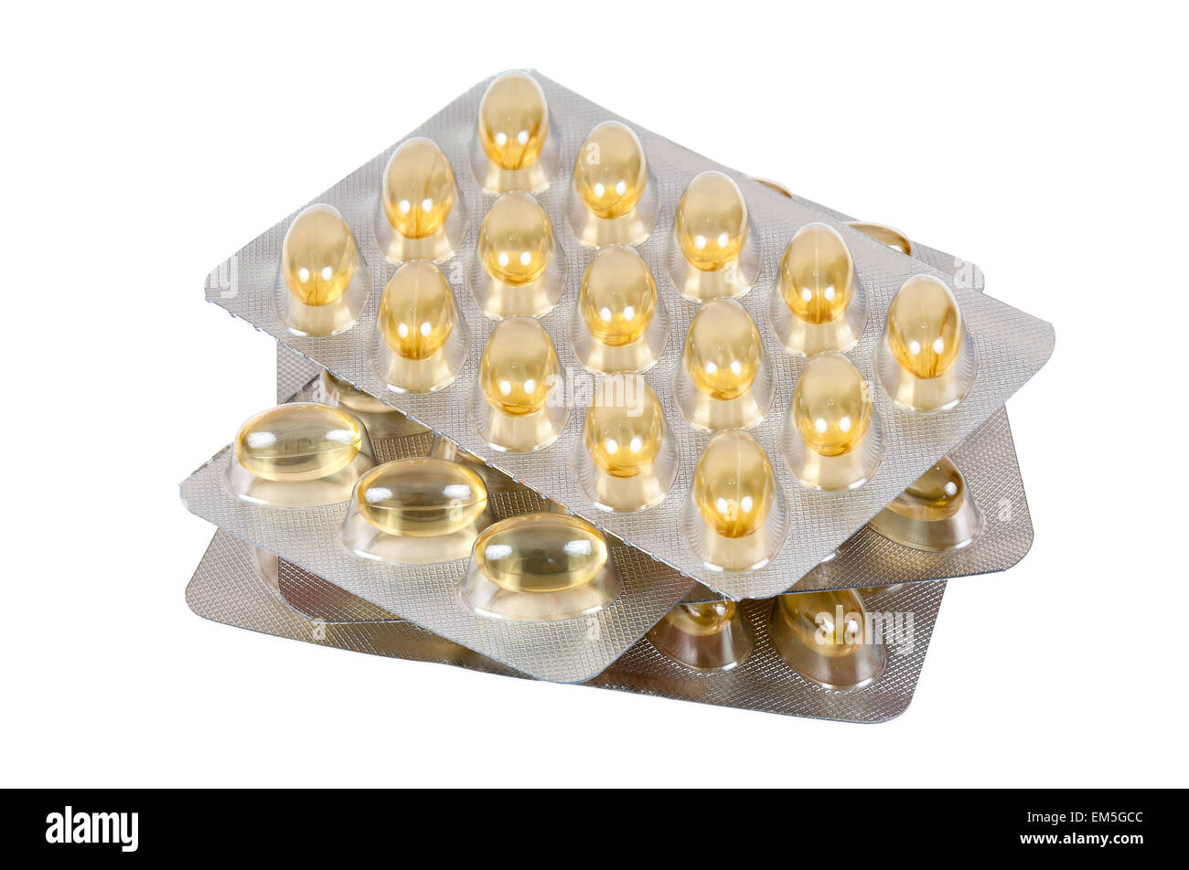 Cod liver oil capsules isolated on white background with clipping path ...