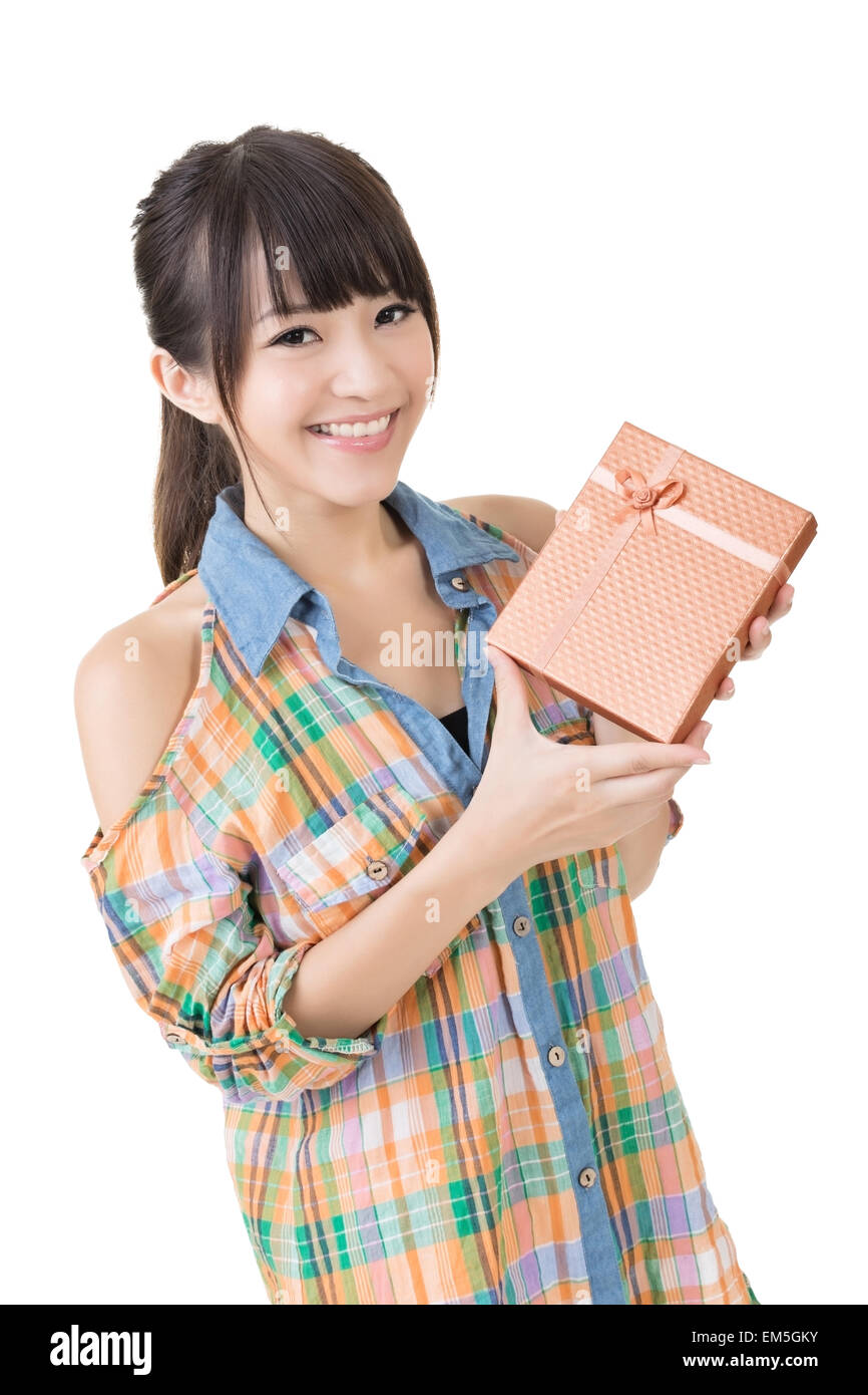 Smiling asian woman with a gift Stock Photo - Alamy