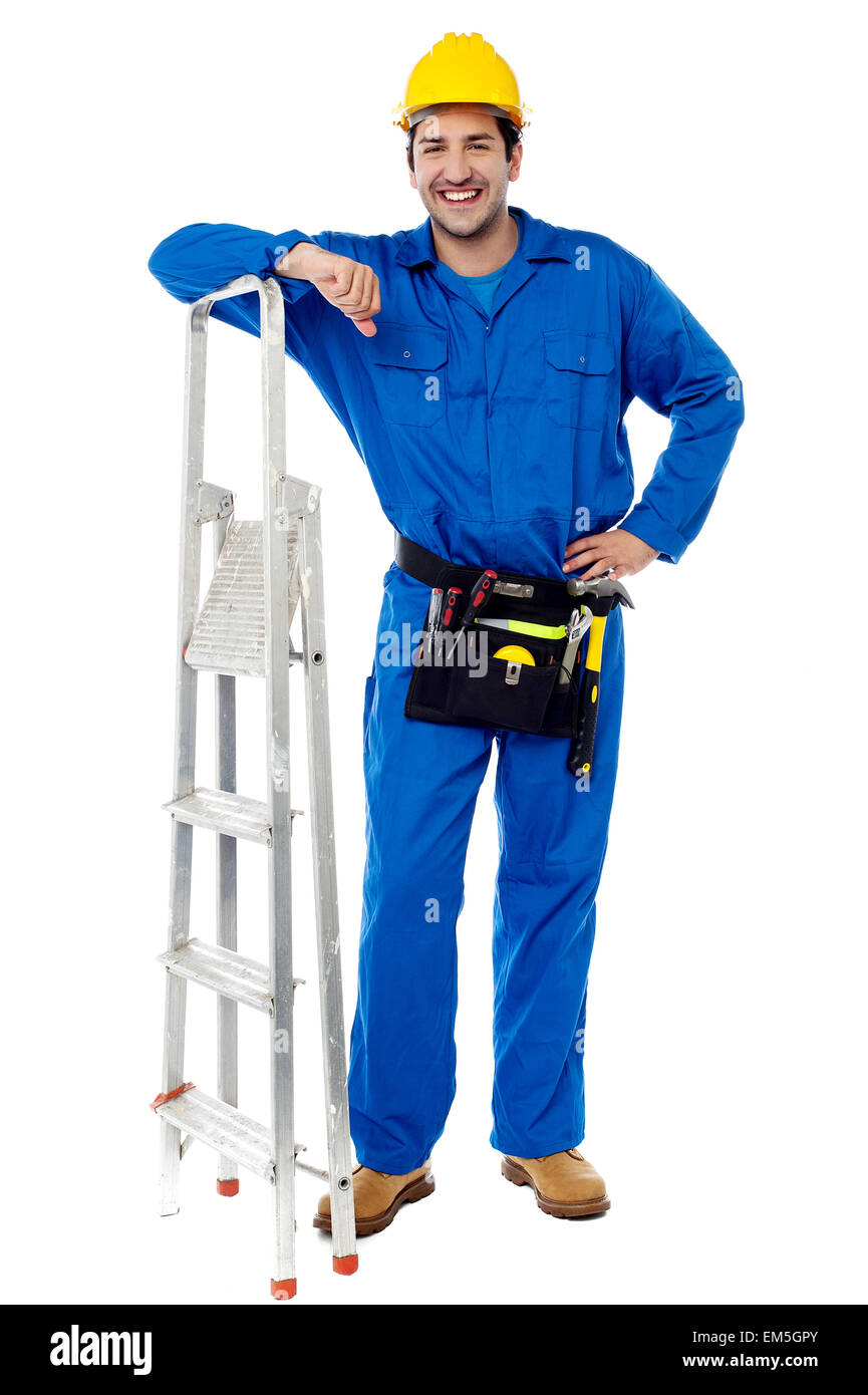 Construction worker with step ladder Stock Photo - Alamy