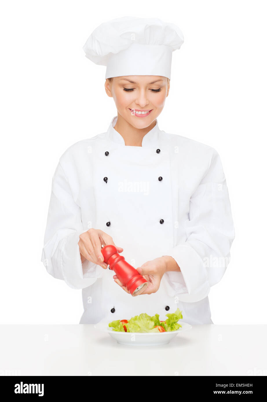 smiling female chef with preparing salad Stock Photo - Alamy
