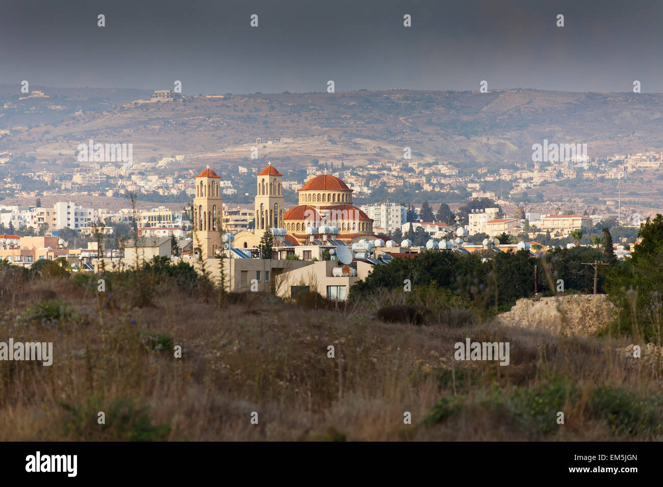 Large building with red dome in distance; Paphos, Cyprus Stock Photo ...