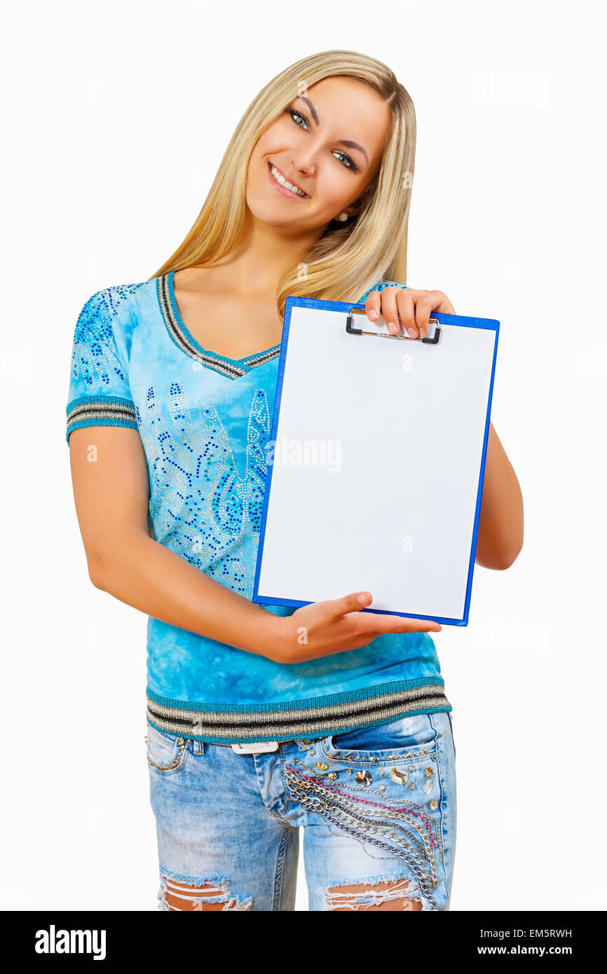 beautyful female holding clipboard isolated Stock Photo - Alamy