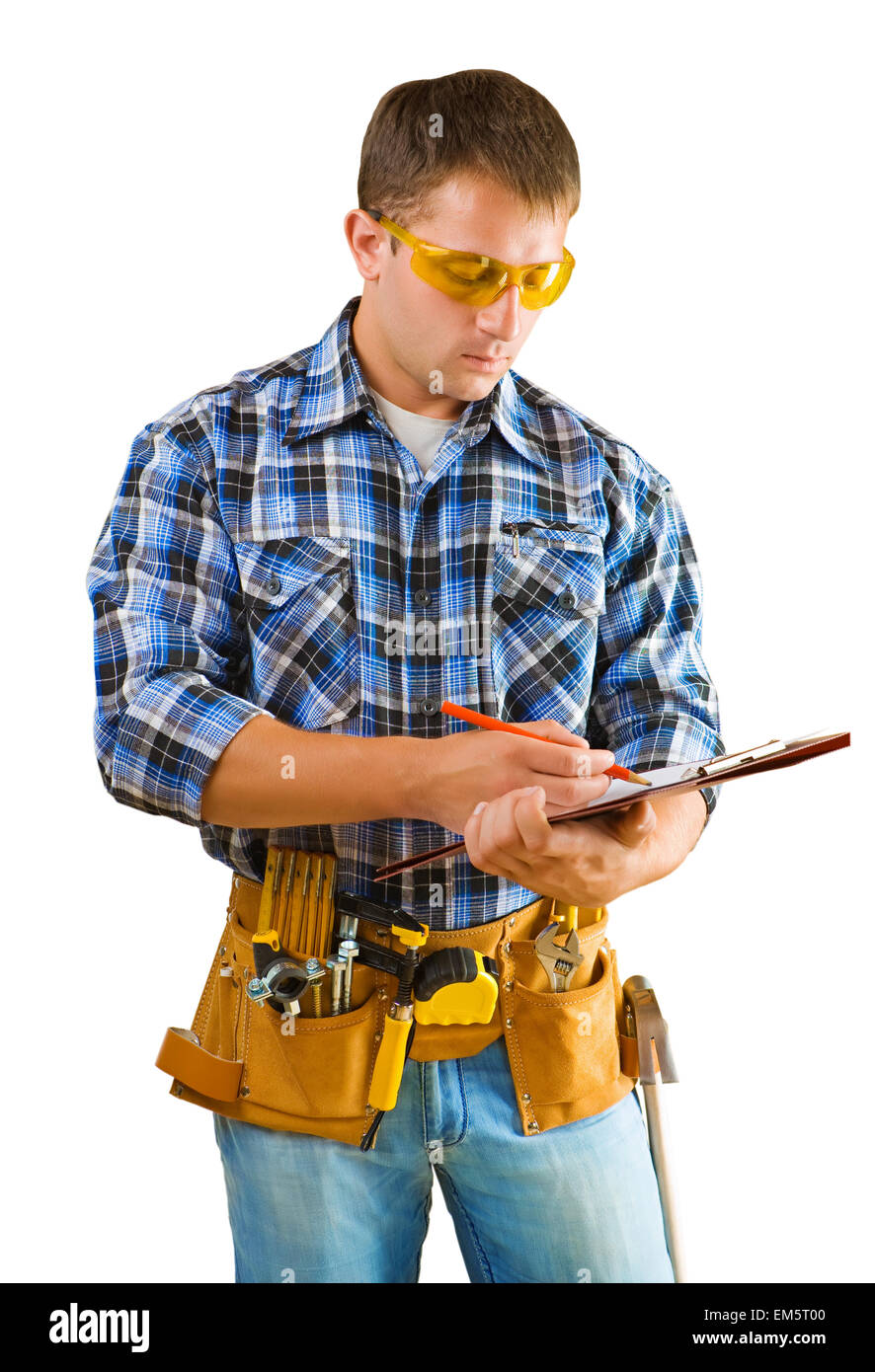 construction worker writing in paperclip Stock Photo - Alamy