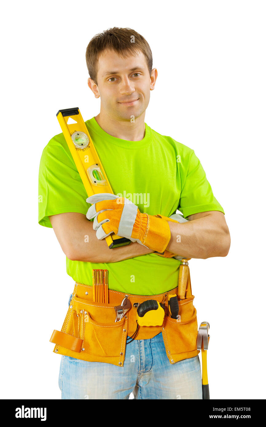 contractor holding level Stock Photo - Alamy