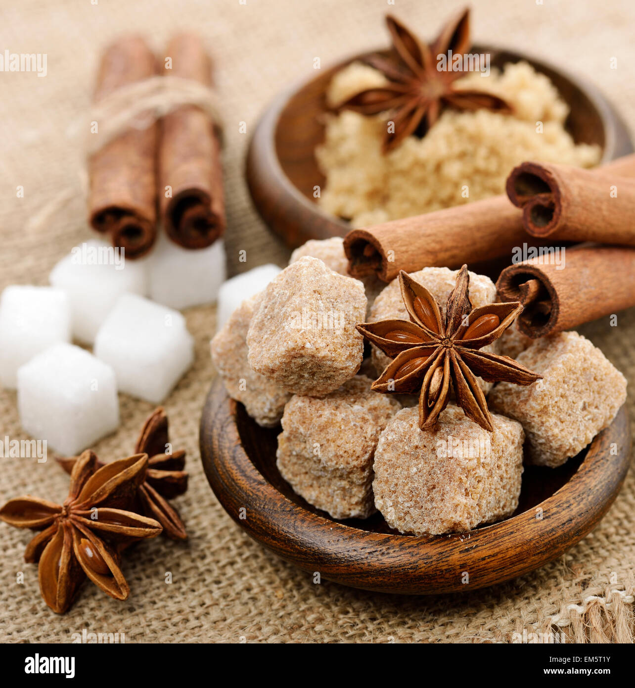 Brown And White Cane Sugar,Cinnamon And Anise Star Stock Photo - Alamy