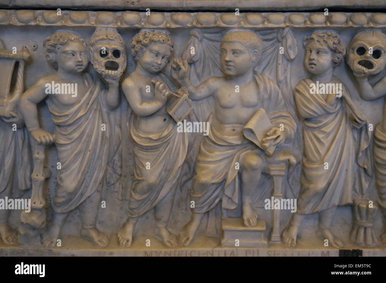 Roman art. Sarcophagus. Detail reliefs. Student with writing wax tablet ...