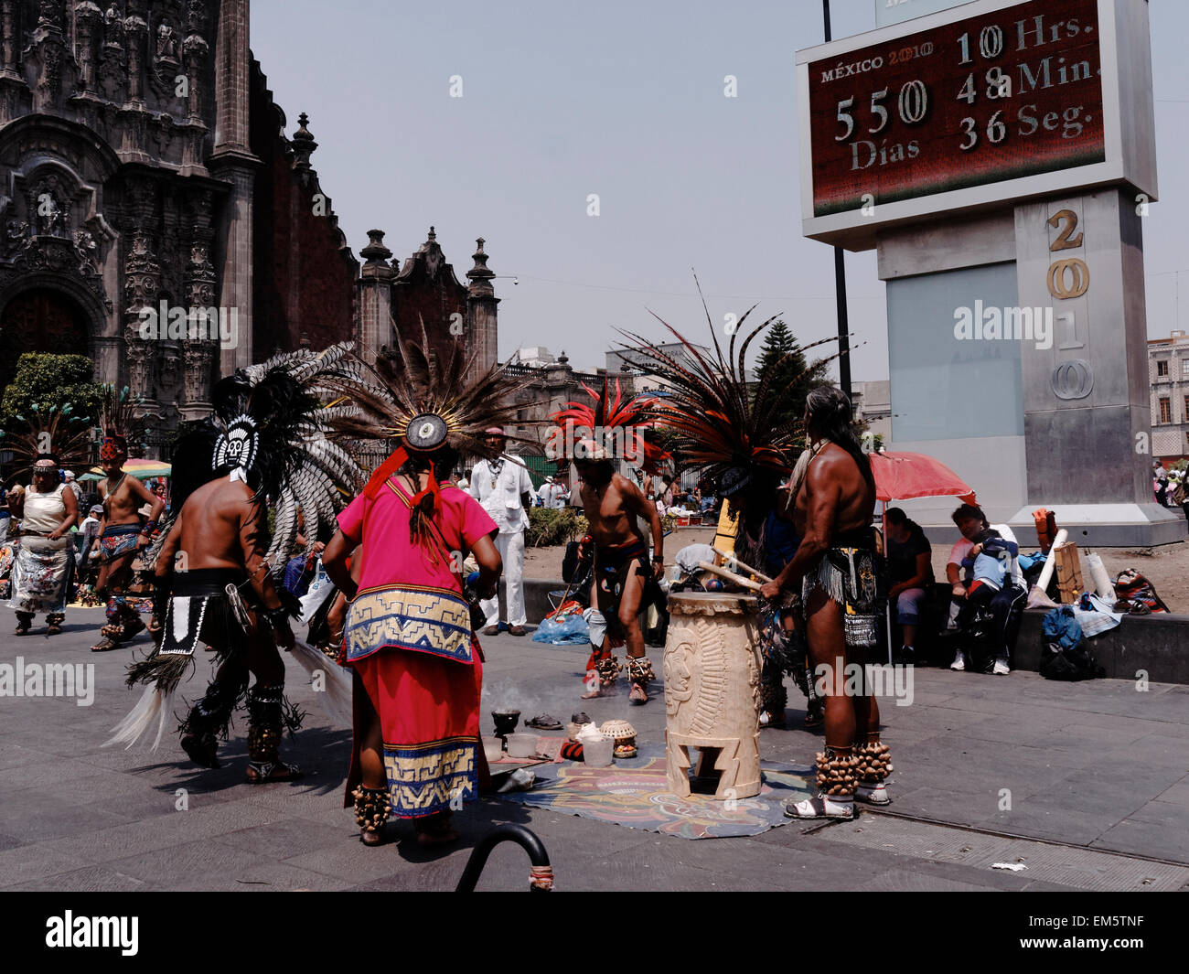 native Aztec dancers dancing performing in feathered headdress in the ...