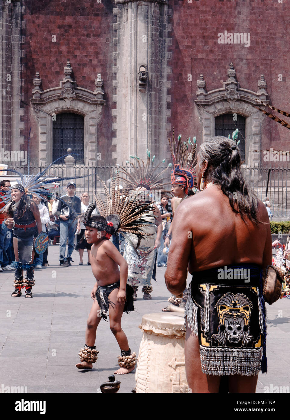 native Aztec dancers dancing performing in feathered headdress in the ...
