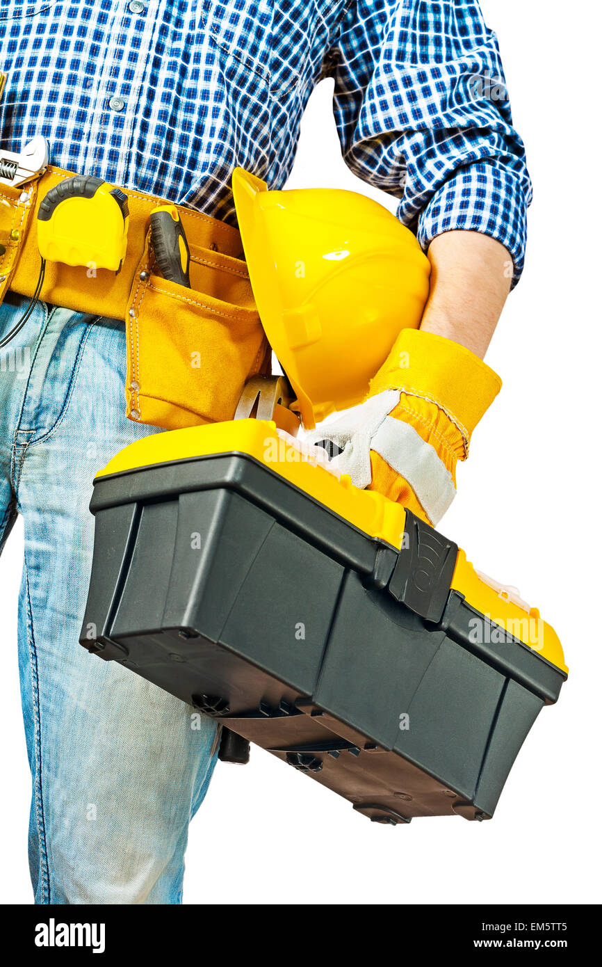 toolbox in hand of worker Stock Photo - Alamy