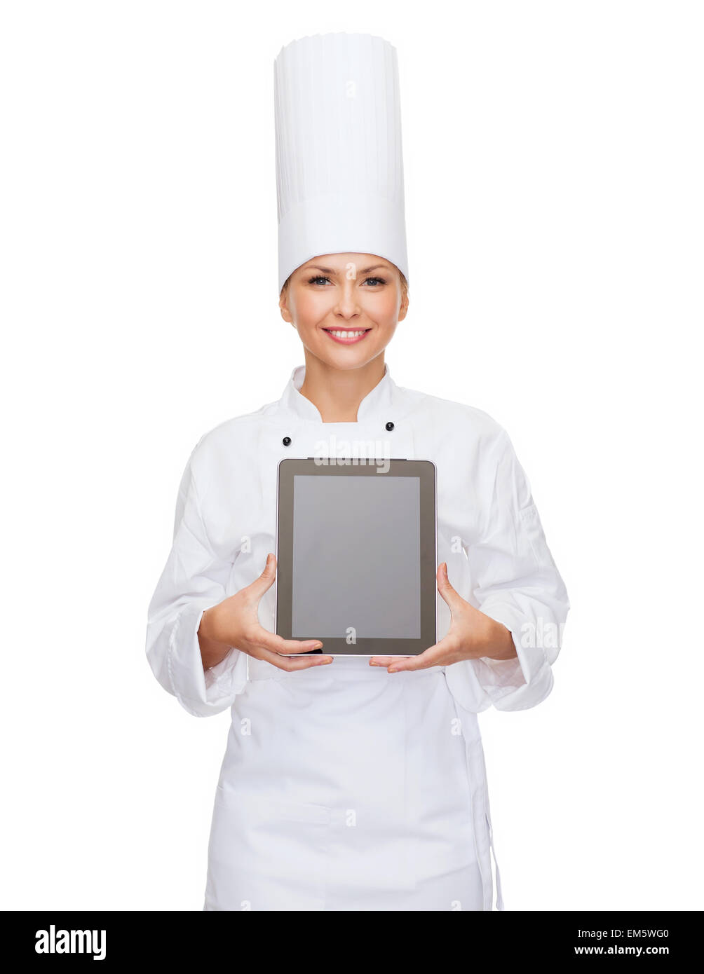 smiling female chef with tablet pc blank screen Stock Photo - Alamy