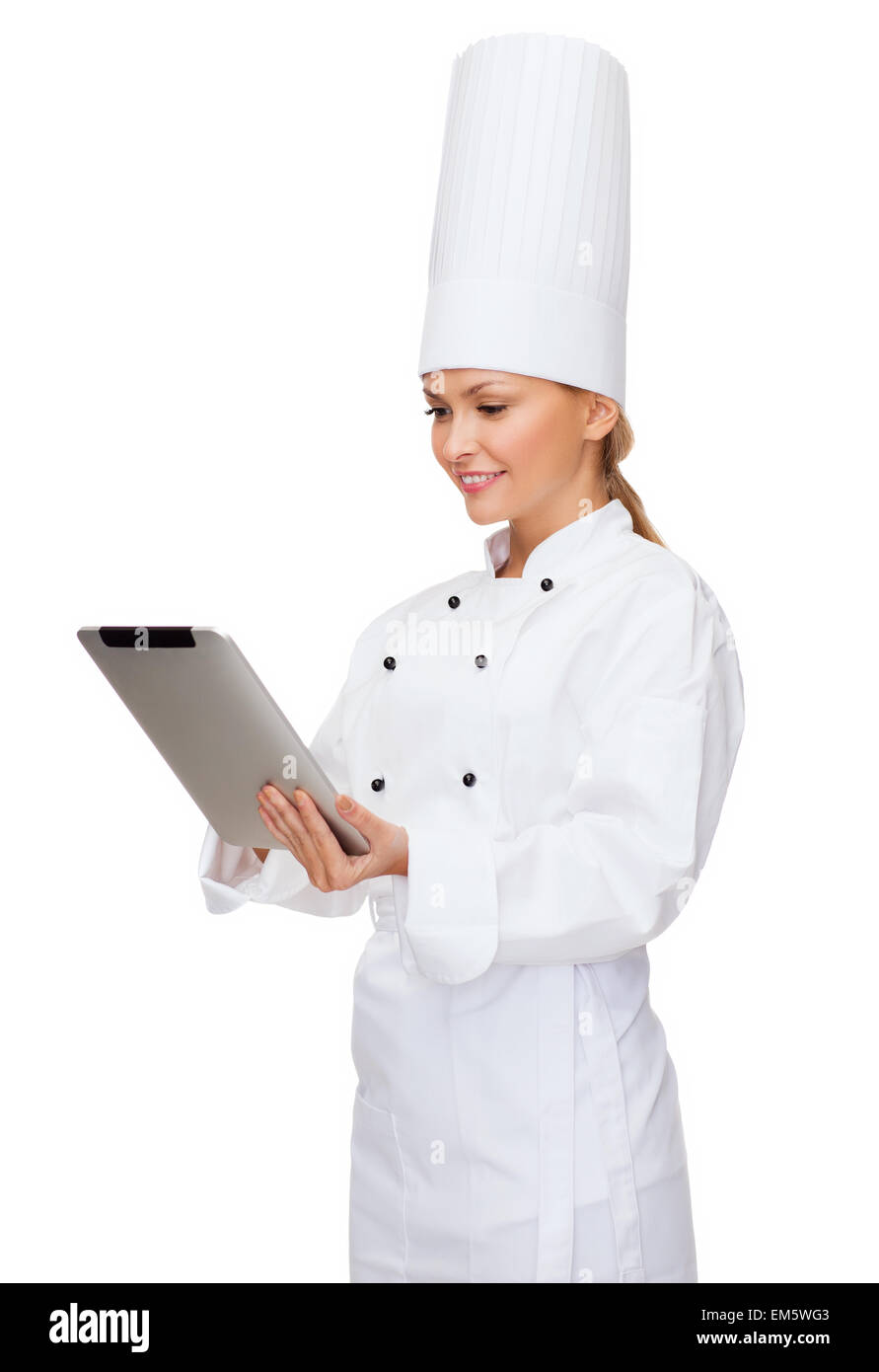 smiling female chef with tablet pc computer Stock Photo - Alamy